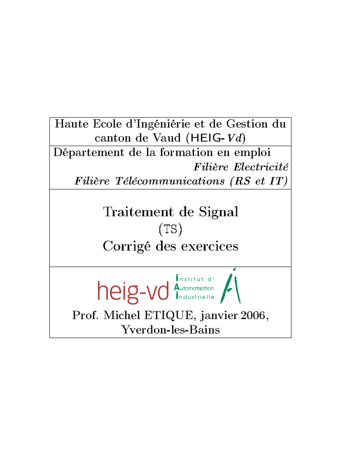 HEIG-Vd TS Corrigé des Exercices de Traitement de Signal - Studocu