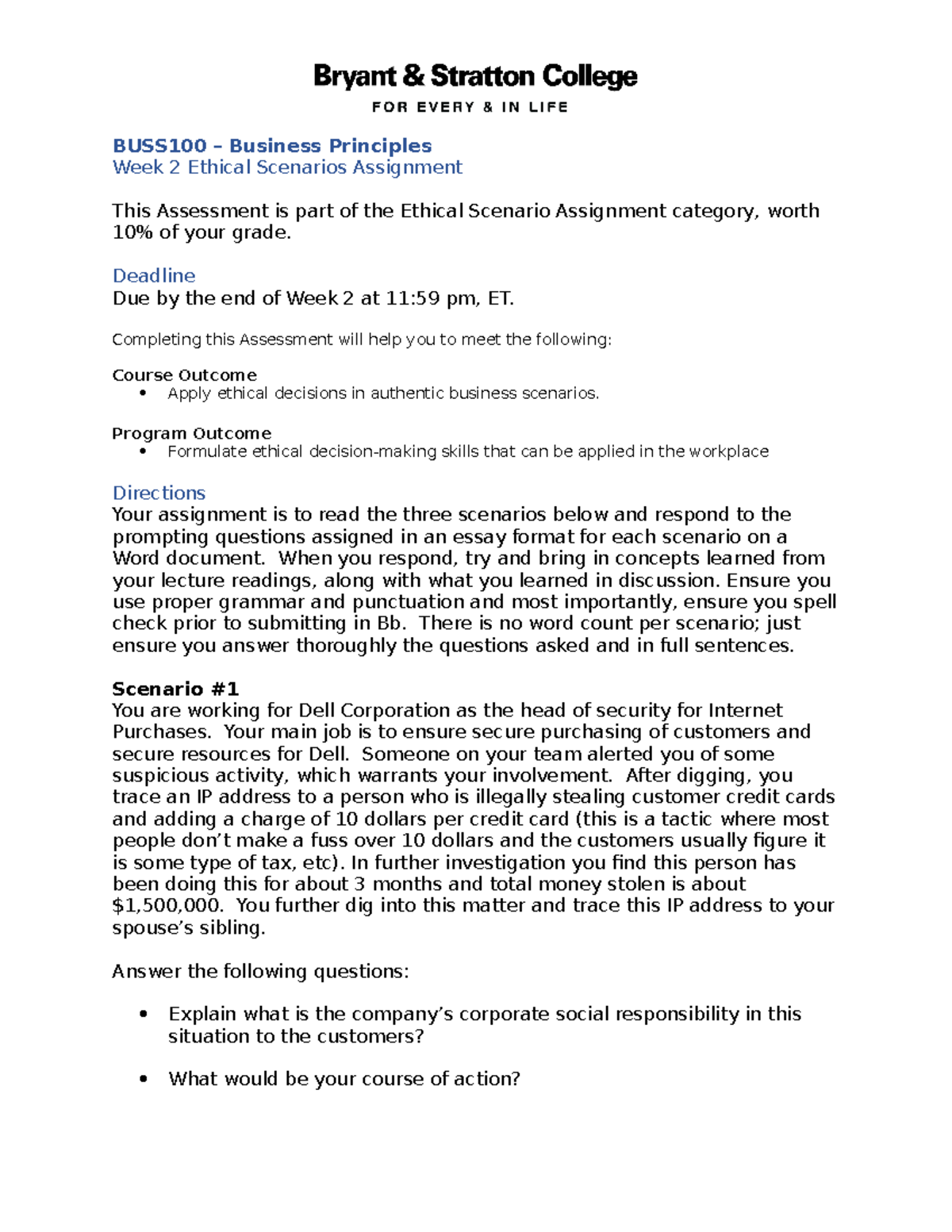 BUSS100 - Week 2 Ethical Scenarios Assignment Directions & Rubric - Studocu