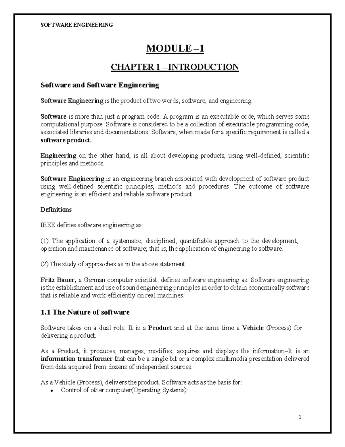 Software Engineering Module 1: Overview of Software and Its Nature - Studocu