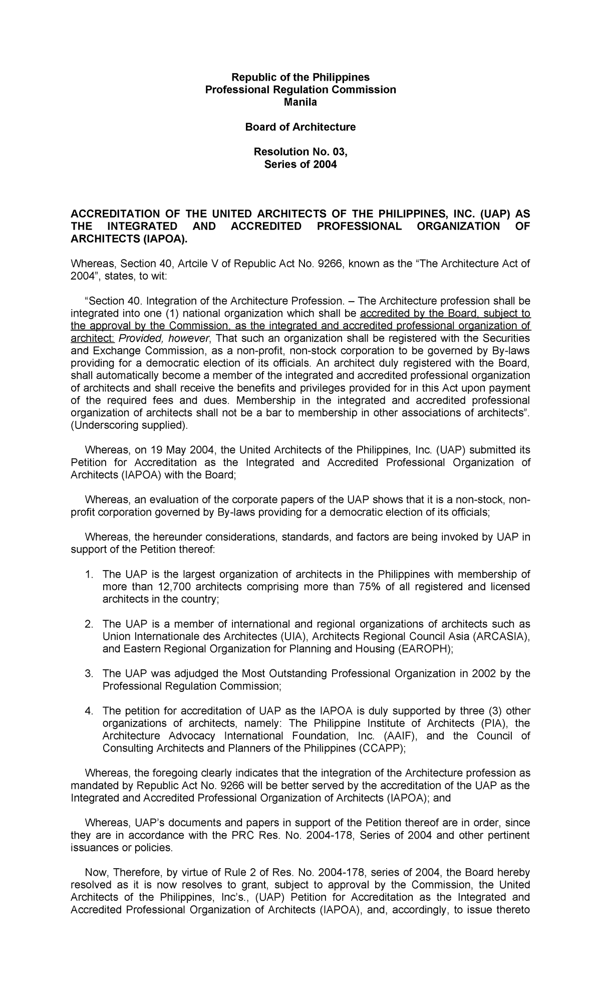 PRC-BOA Resolutions: Accreditation & Ethical Conduct for Architects ...