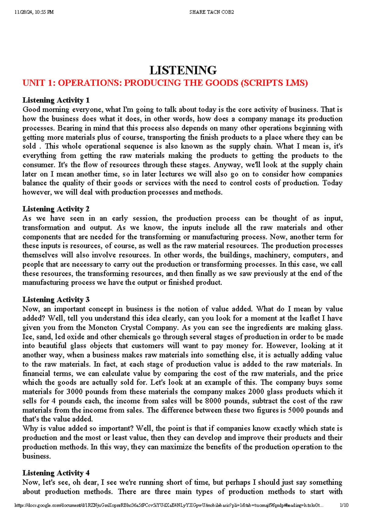 Share TACN COB2 Listening - LISTENING UNIT 1: OPERATIONS: PRODUCING THE ...