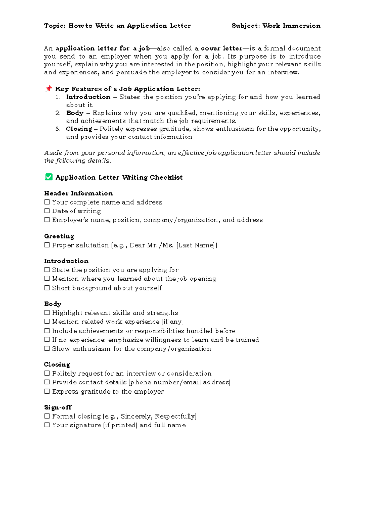 Application Letter for Work Immersion - 2526 - Studocu