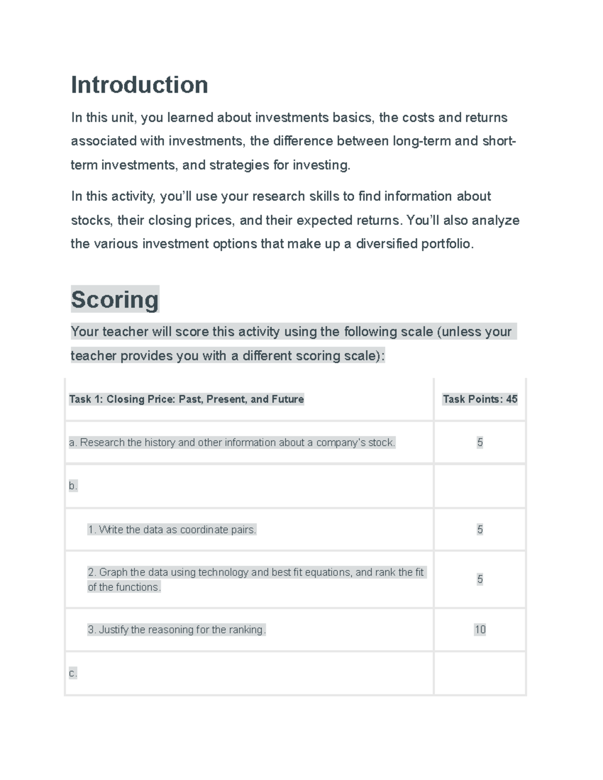 Course Activity- Investing - Introduction In this unit, you learned ...