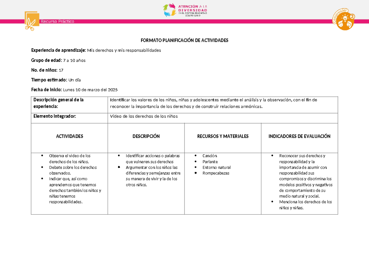Planificación de Actividades de DDHH para Estudiantes de Básica (1B ...