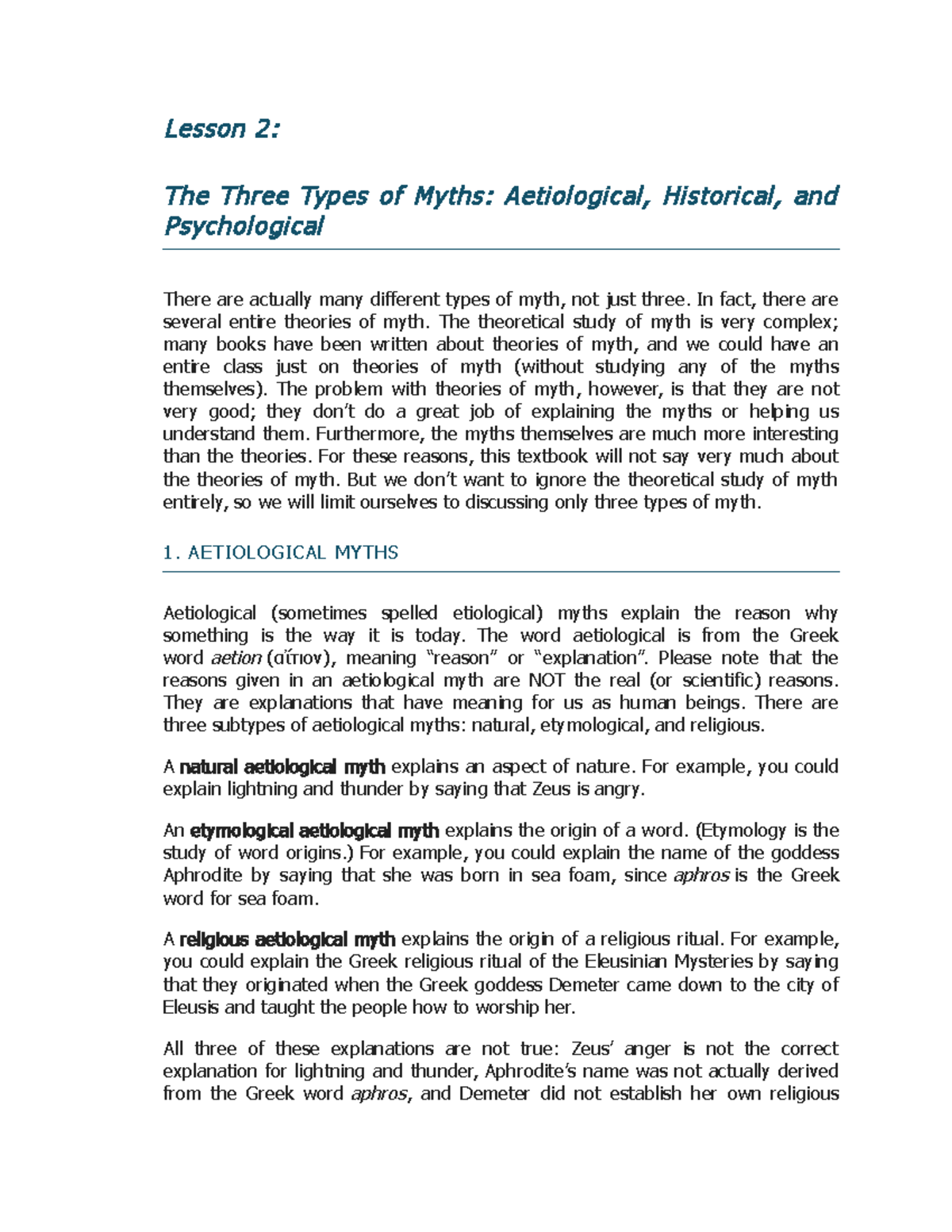 Lesson 2: Exploring Aetiological, Historical, and Psychological Myths ...