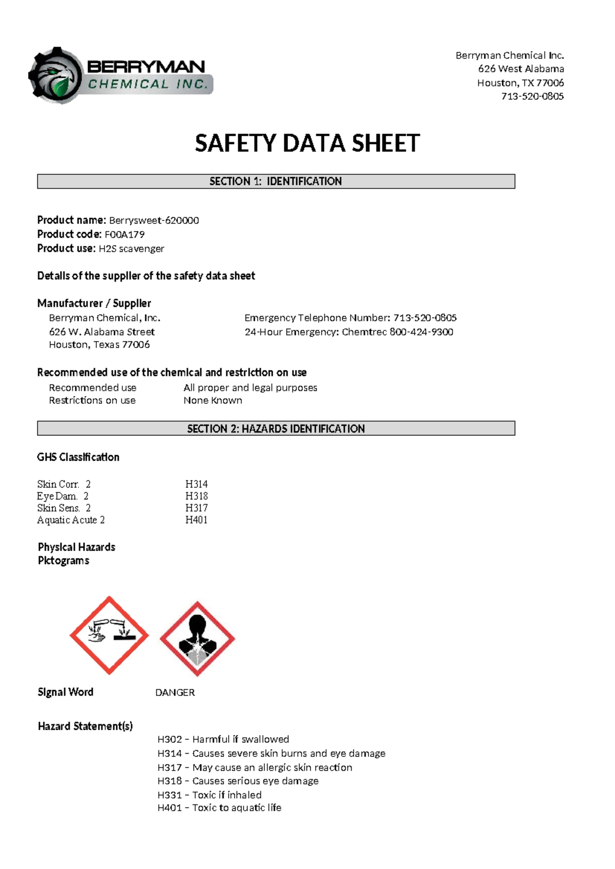 Berryman Chemical Inc. H2S Scavenger Safety Data Sheet (SDS) F00A179 ...