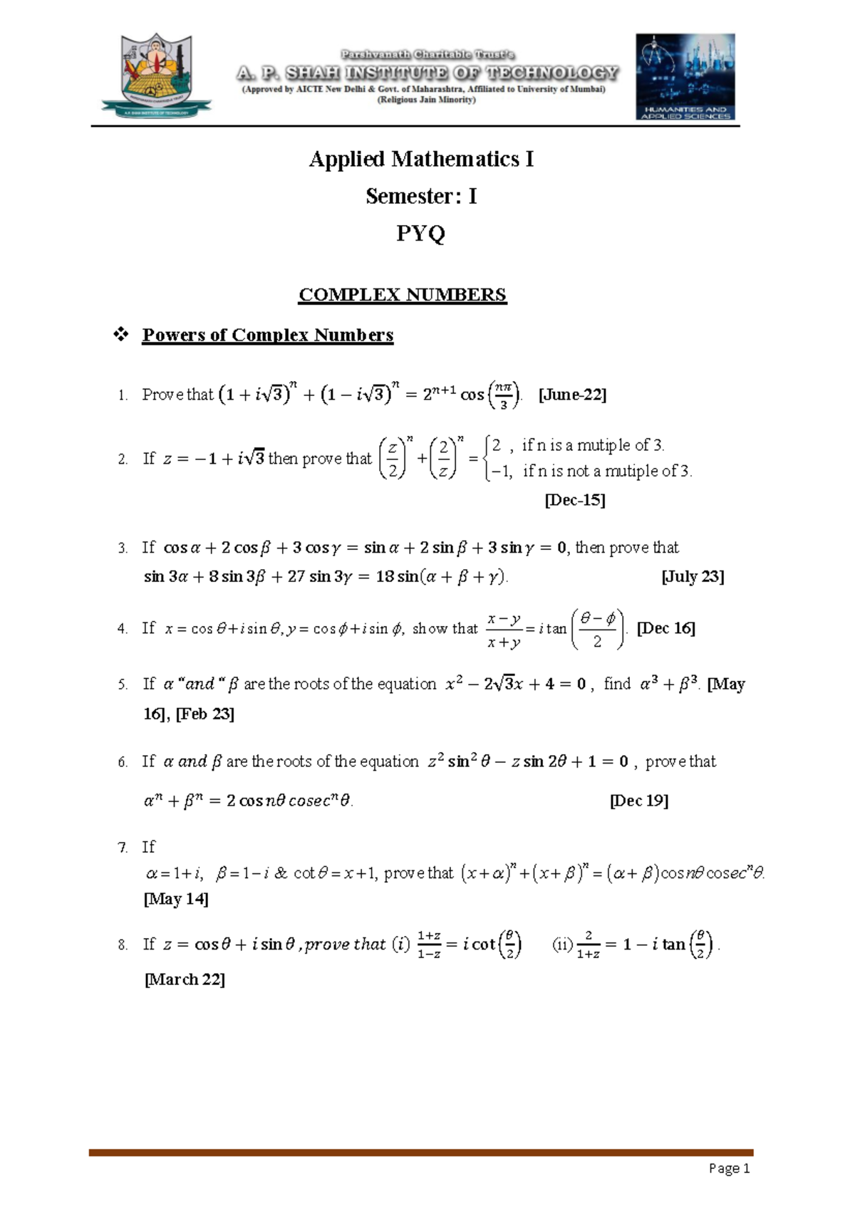 PYQ AM-I 2024-25: Complex Numbers & Functions Question Bank - Studocu