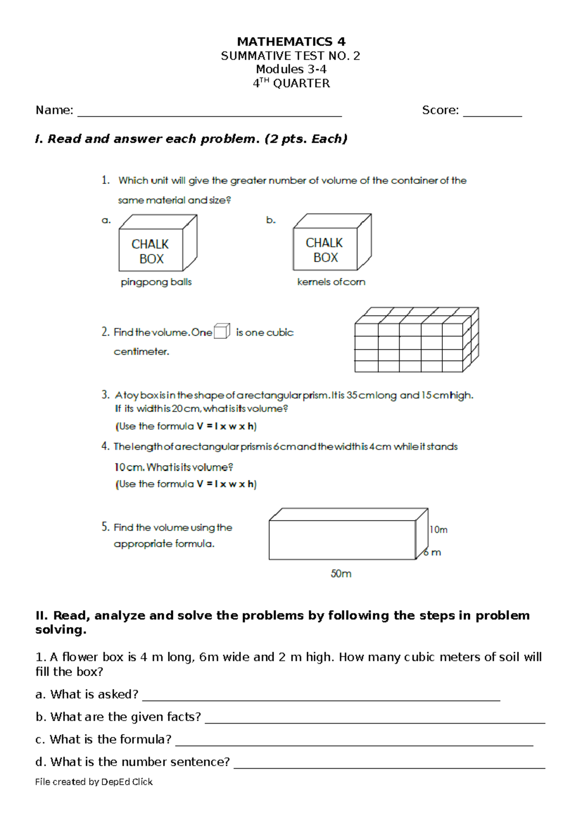 MATH 4 SUMMATIVE TEST NO. 2 - Q4 Problem Solving Guide - Studocu