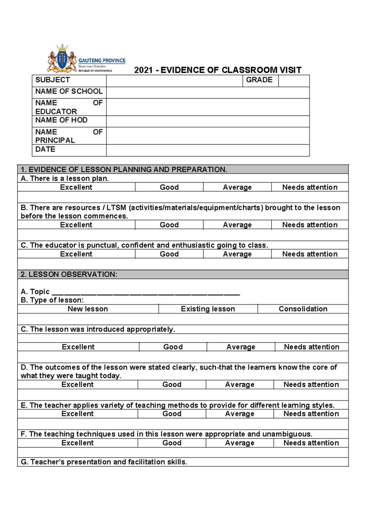 Class Visit Monitoring Tool: Evidence of Classroom Observation - Studocu