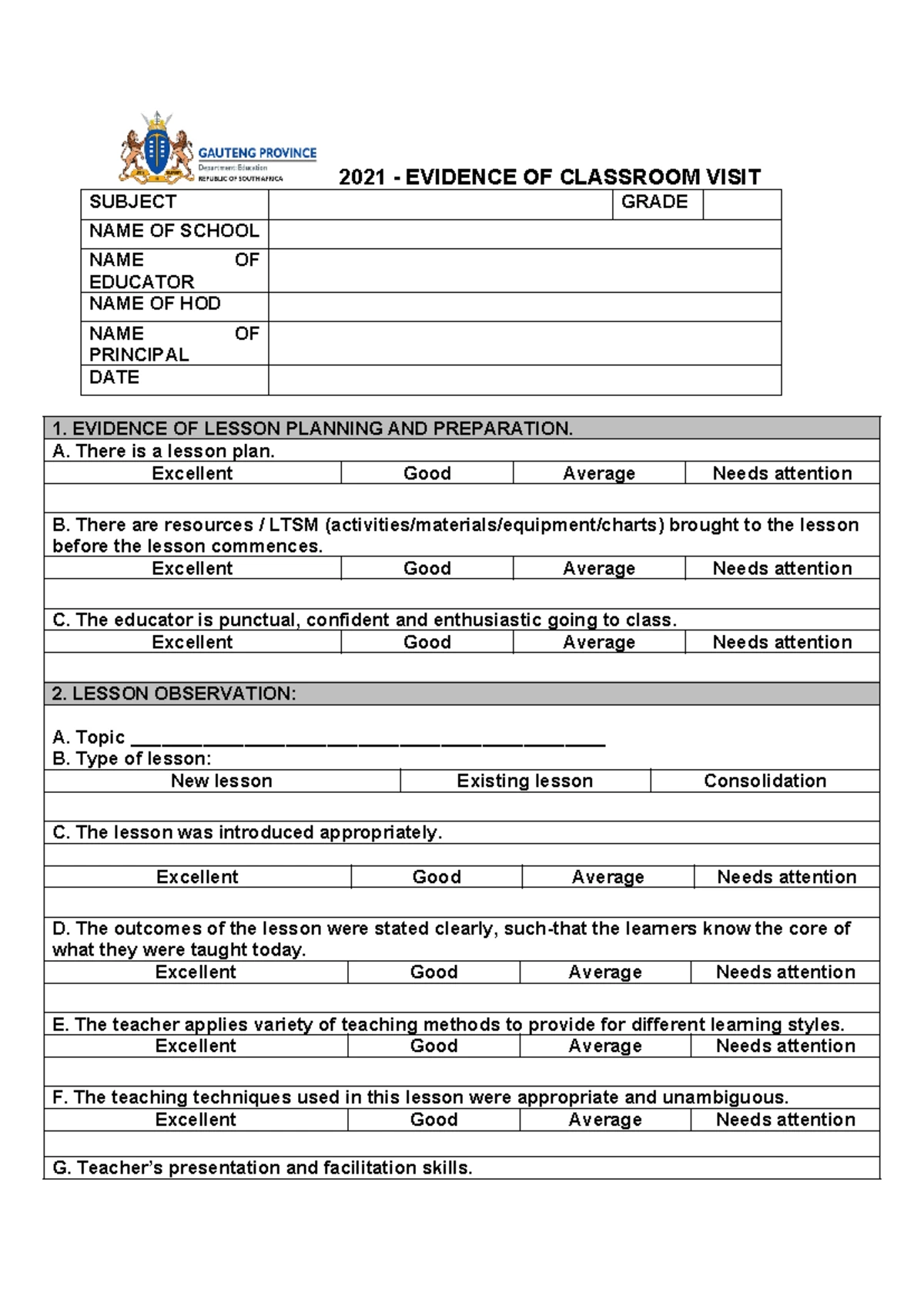 Deputy Principal Monitoring Tool for Curriculum Management Assessment ...