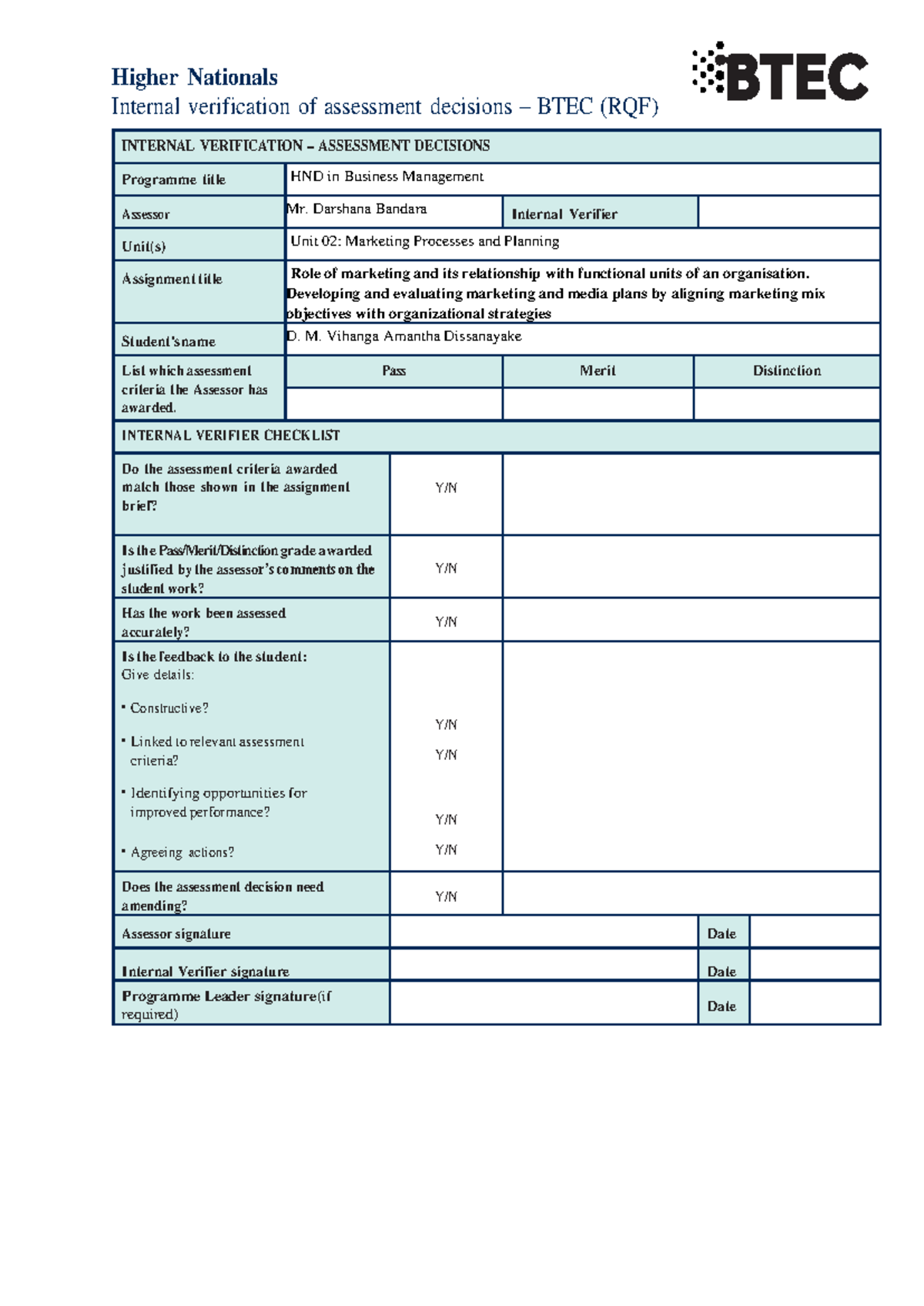 HND Business Management - Unit 02: Marketing Processes & Planning - Studocu