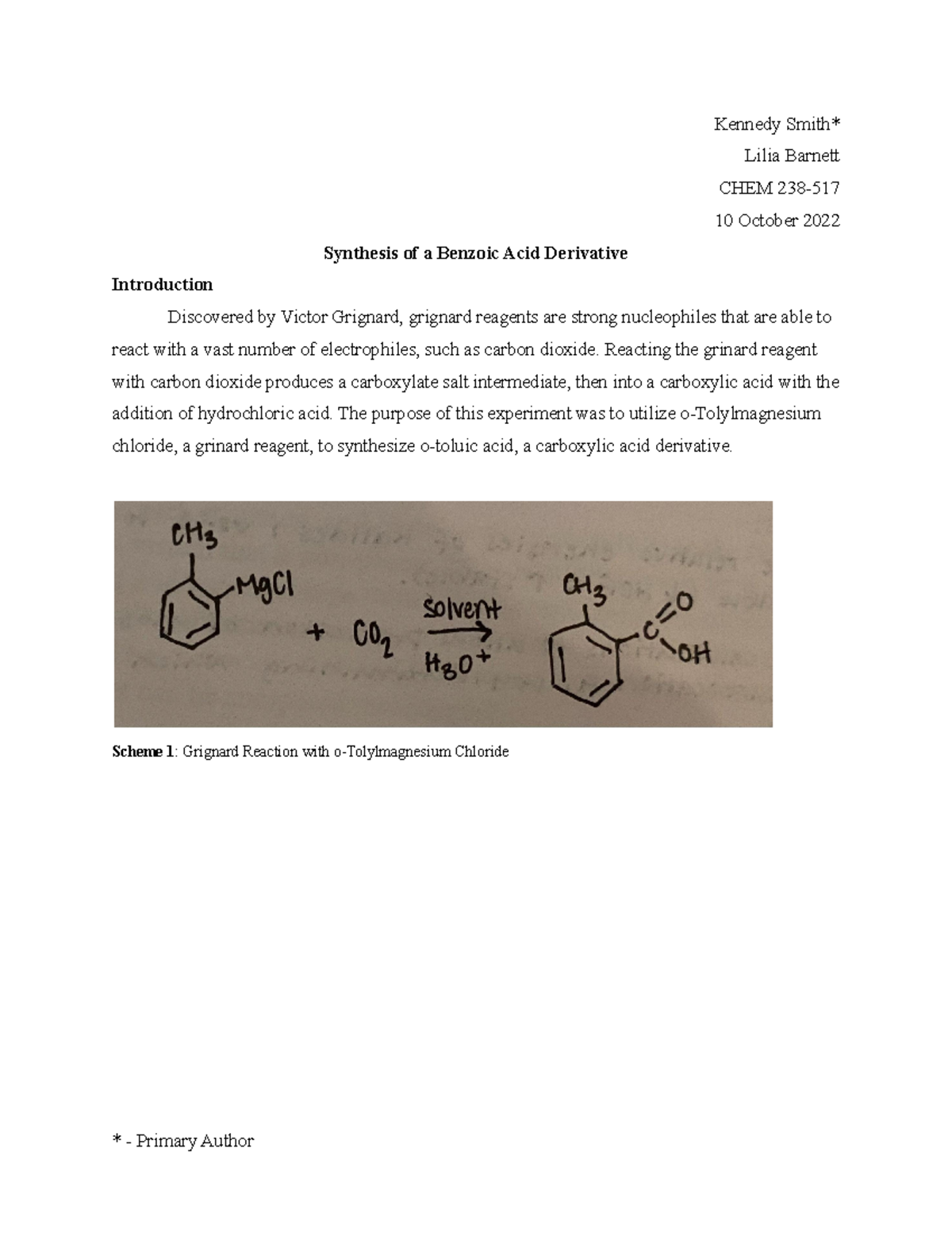 Synthesis of a Benzoic Acid Derivative - Lab Report - Kennedy Smith ...
