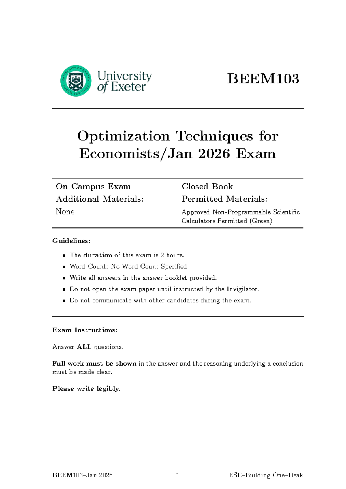 BEEM103 Optimization Techniques 2026 On-Campus Exam Guidelines - Studocu