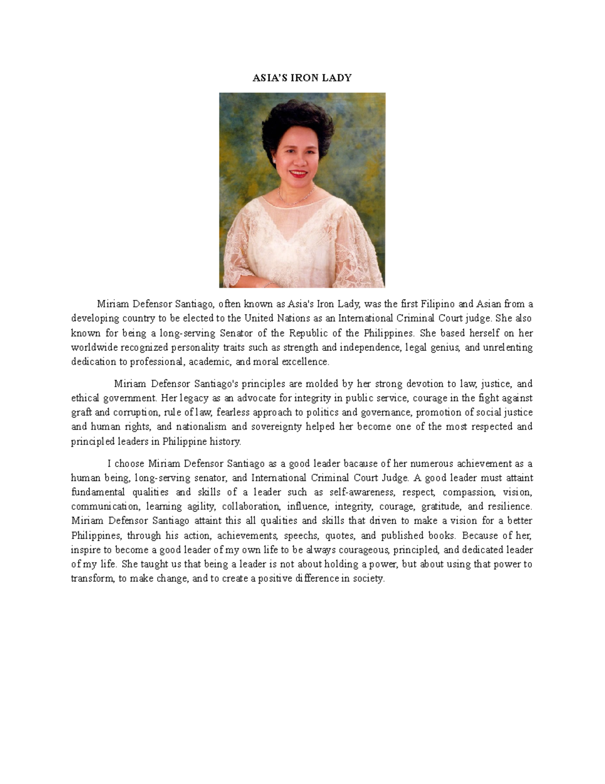 A GOOD Leader - ASIA’S IRON LADY Miriam Defensor Santiago, often known ...