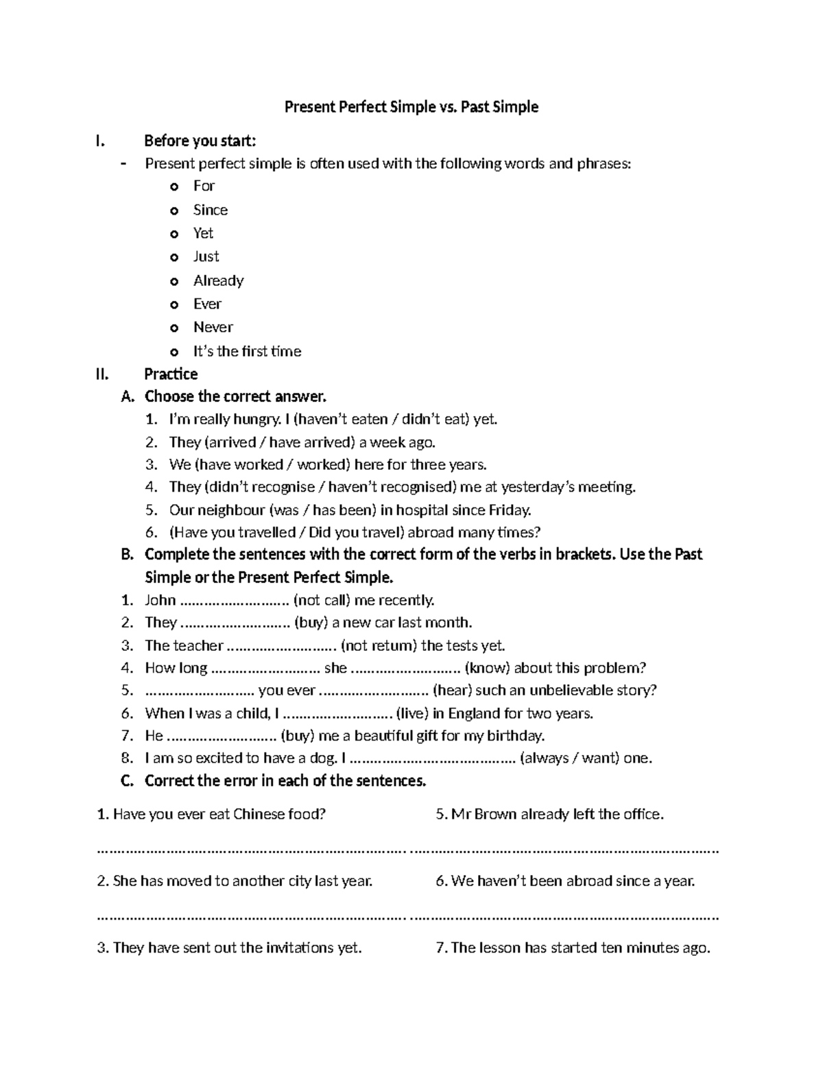 Present Perfect Simple vs. Past Simple: Practice Exercises - Studocu