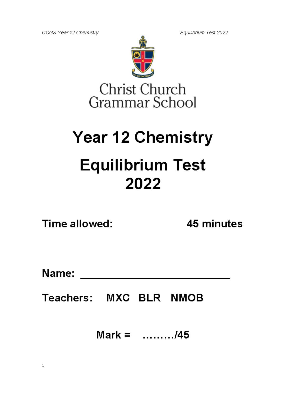 Year 12 Chemistry Equilibrium Test (2022) - CCGS Notes - Studocu