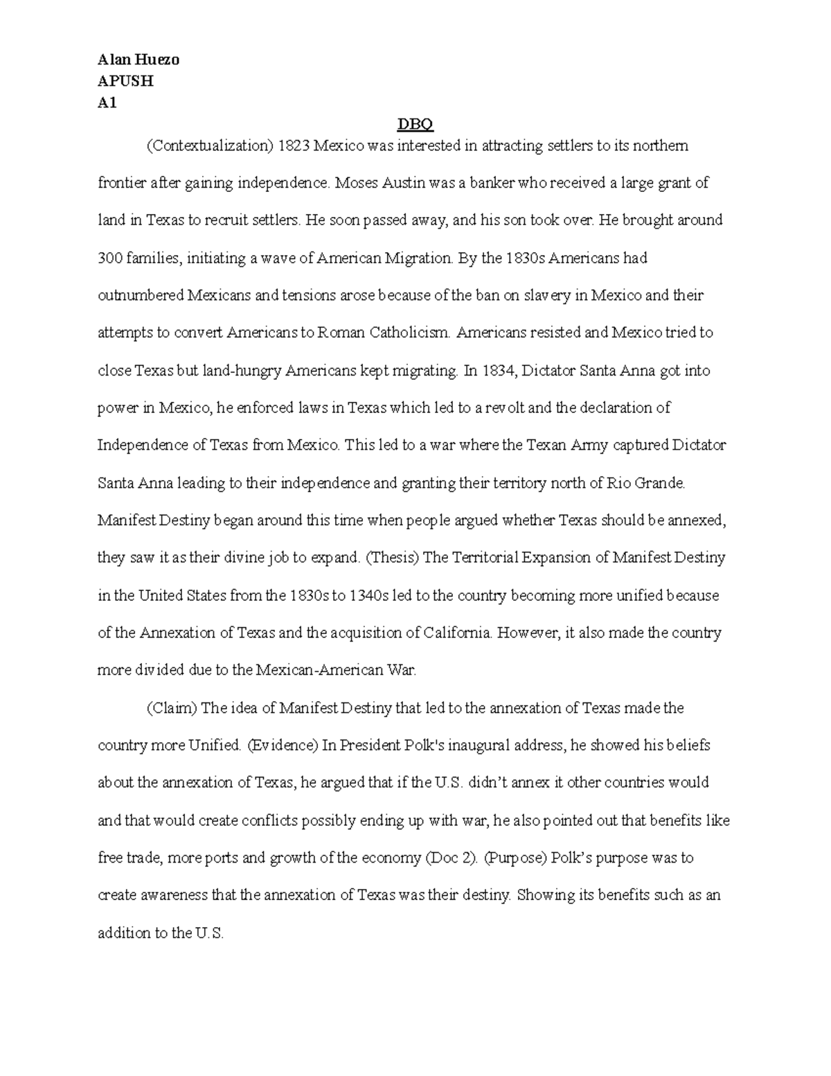 APUSH Unit 5 DBQ: Manifest Destiny’s Impact on Unity and Division - Studocu