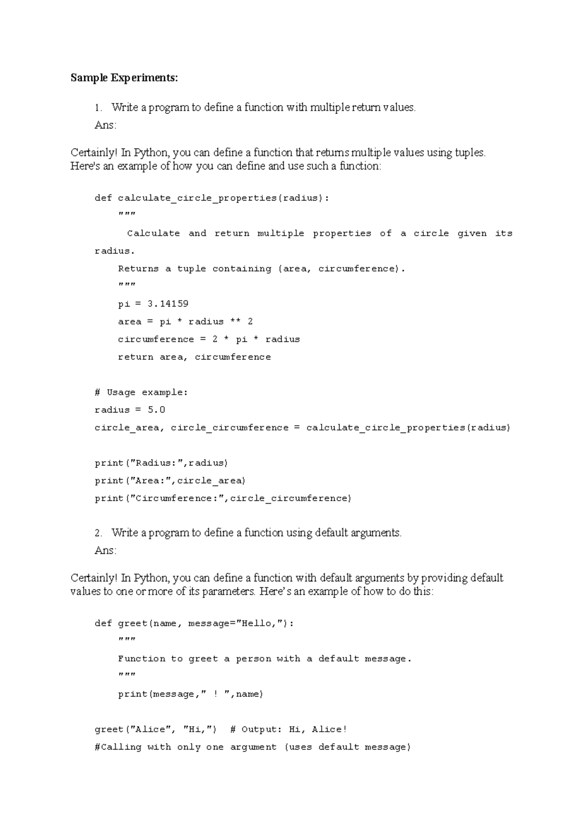 Sample Experiments: Python Functions with Multiple Returns (UNIT-2) - Studocu