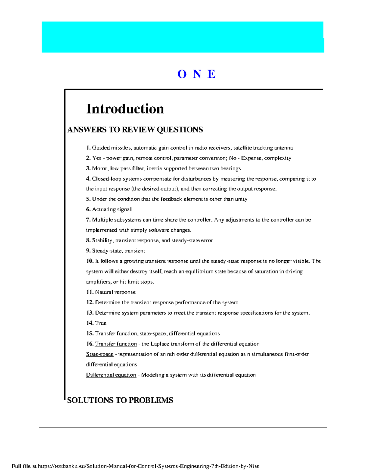 control system engineering solution manual - O N E Introduction ANSWERS ...