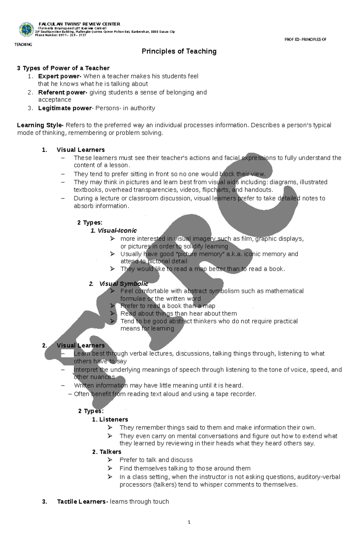 Prof Ed 101: Principles of Teaching and Learning Strategies - Studocu