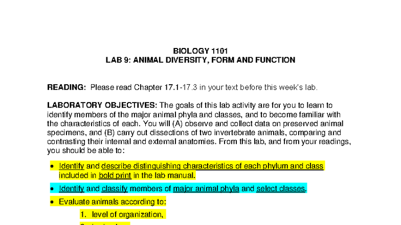 BIOLOGY 1101 LAB 9: EXPLORING ANIMAL DIVERSITY AND ANATOMY - Studocu