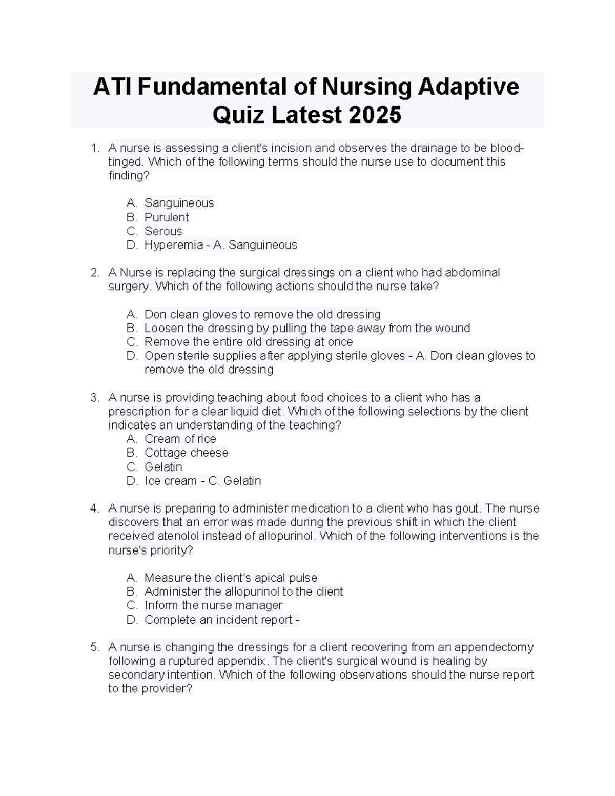 ATI Fundamentals of Nursing Adaptive Quiz - Latest 2025 Edition - Studocu