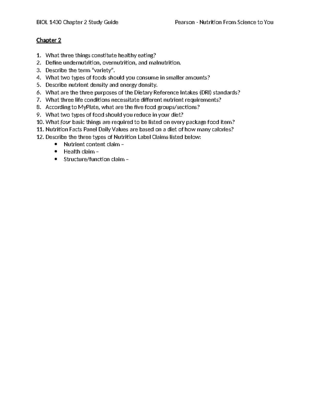 BIOL 1430 Chapter 2 Study Guide: Nutrition Principles & Practices - Studocu