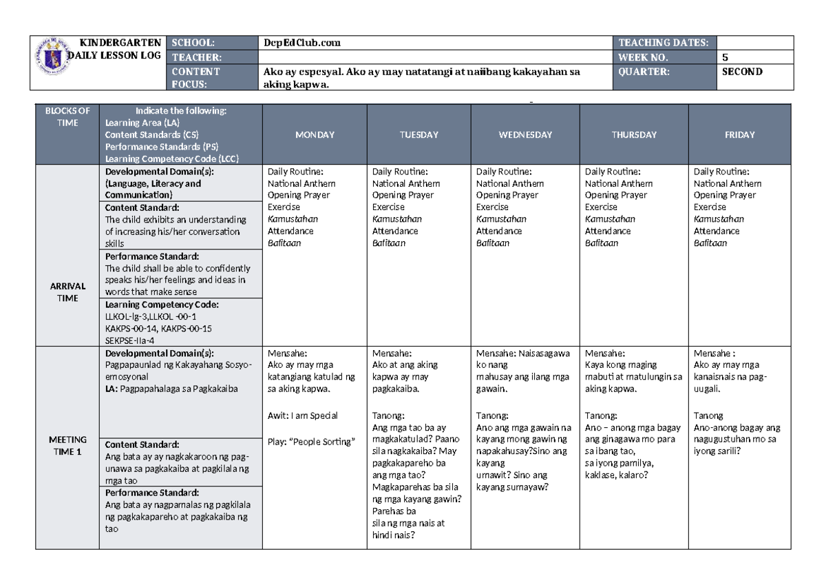 DLL Kinder Q2 W5: Daily Lesson Log for Kindergarten - Studocu