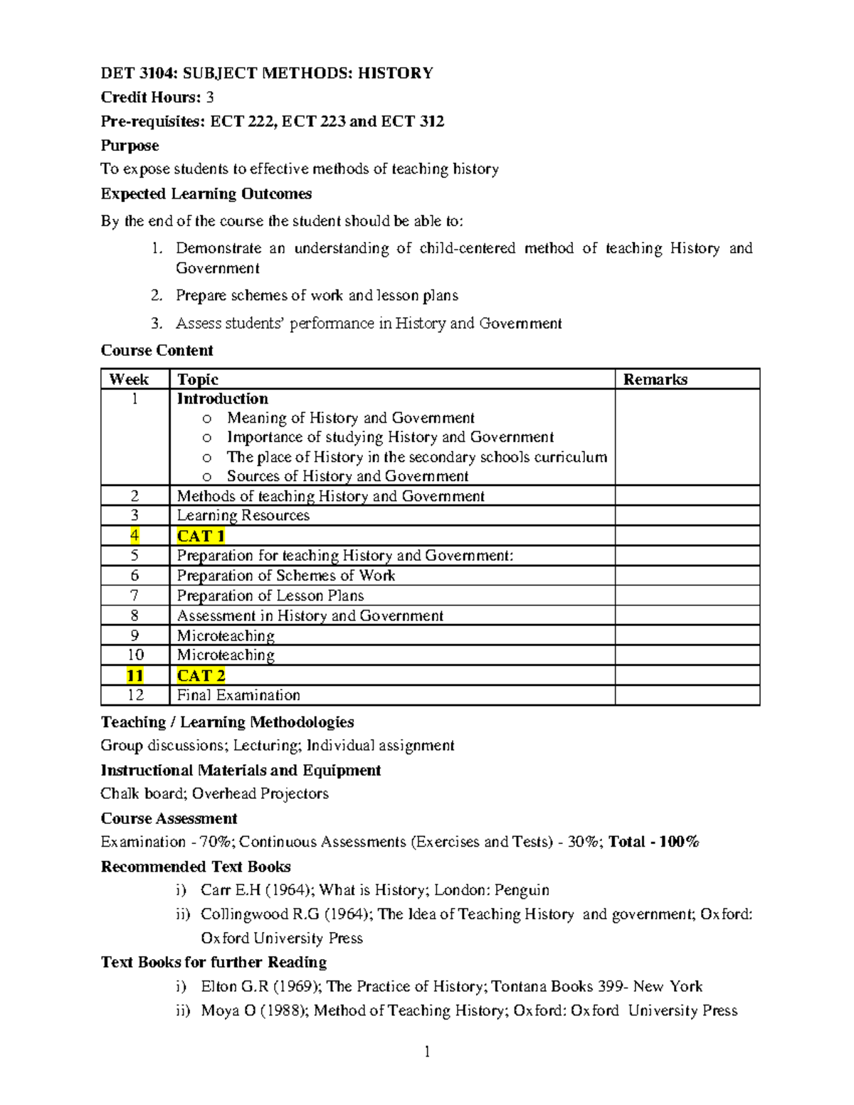 DET 3104: Subject Methods in History - Course Notes and Overview - Studocu