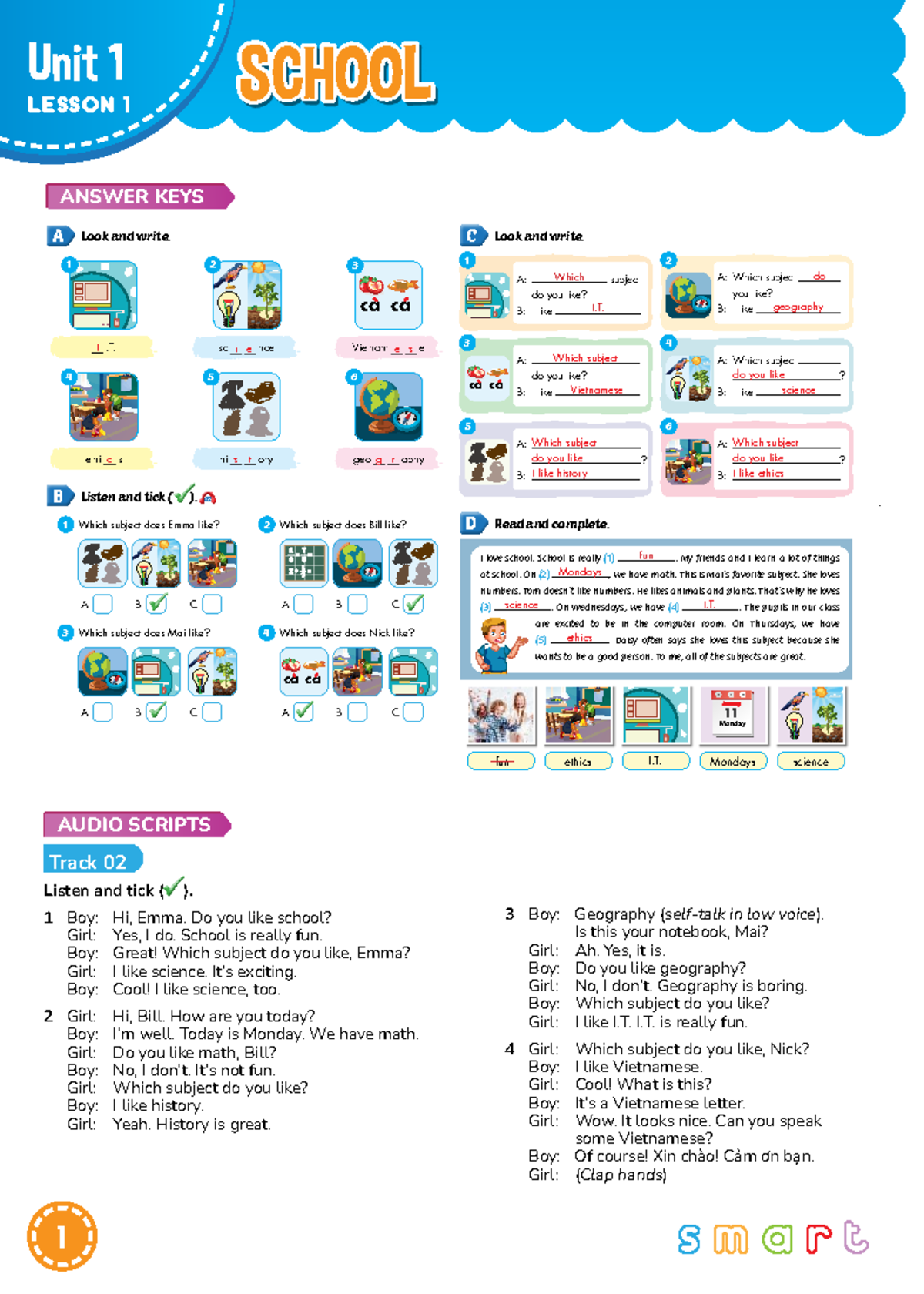 SCHOOL Unit 1 LESSON 1 & 2 ANSWER KEYS for English for Kids - Studocu