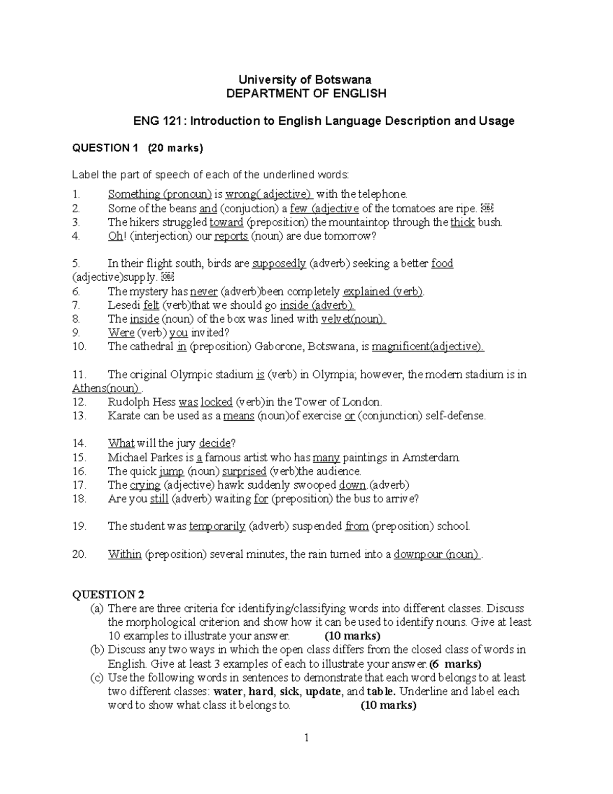 ENG 121: Word Class Exercise and Morphological Criteria Analysis - Studocu
