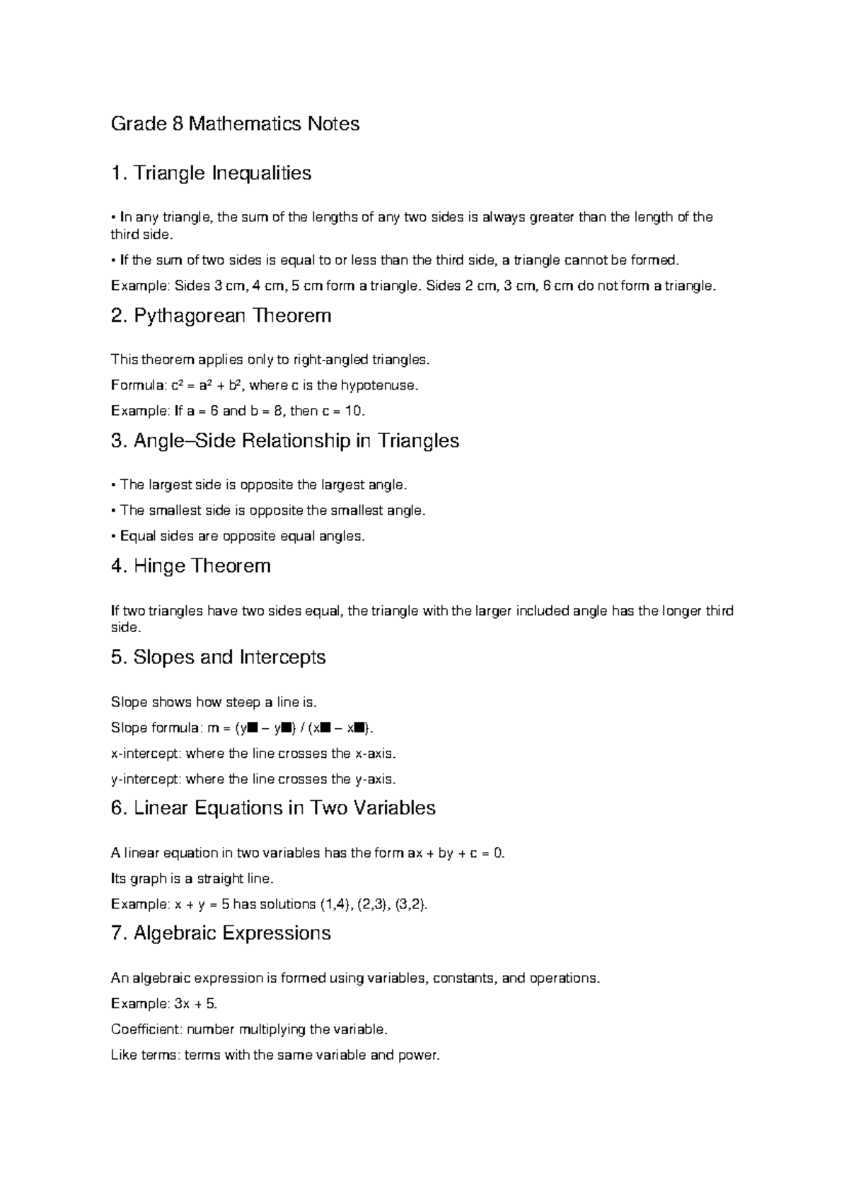 Grade 8 Math Notes: Triangle Inequalities & Key Concepts - Studocu