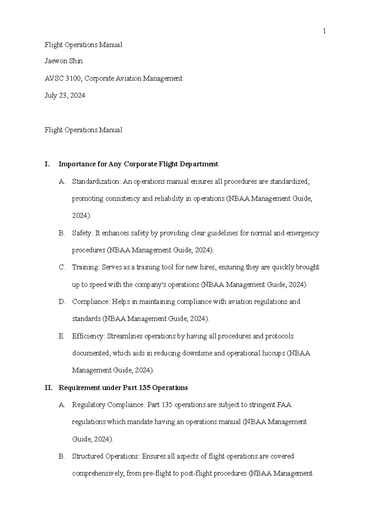 Flight Operations Manual AVSC 3100: Corporate Aviation Management - Studocu
