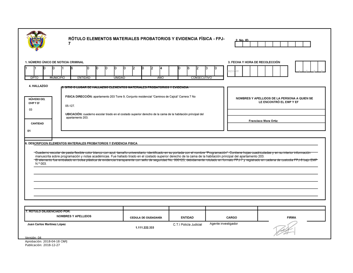Rótulo de Elementos Materiales y Evidencia Física FPJ7 - Studocu
