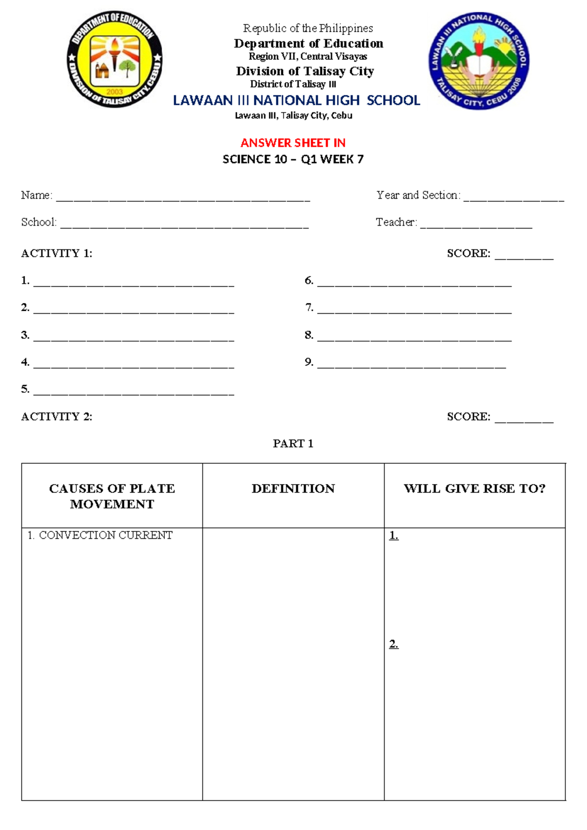 WEEK 7 Answer Sheet - Republic of the Philippines Department of ...
