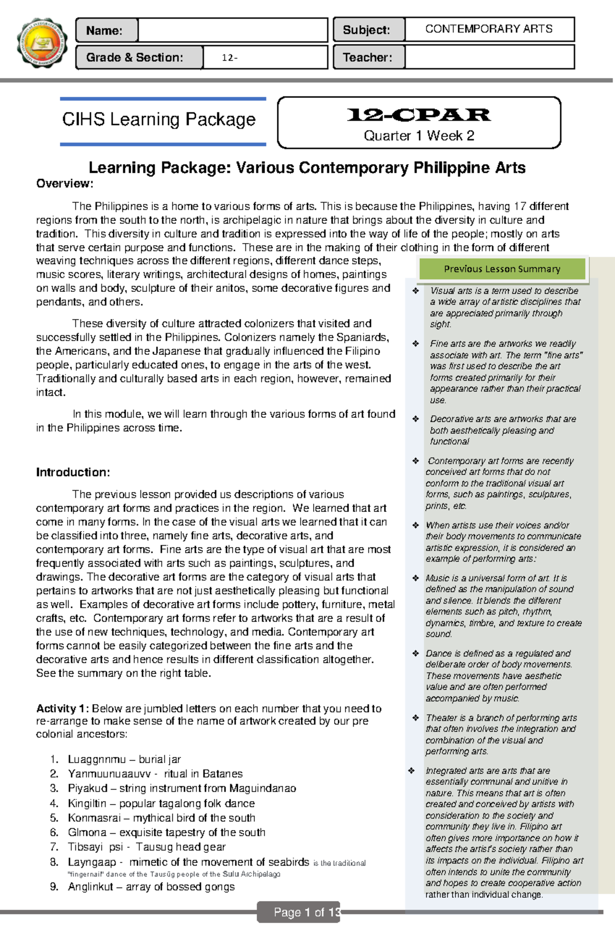 Contemporary Philippine Arts Overview - CIHS CPAR2 Learning Module ...
