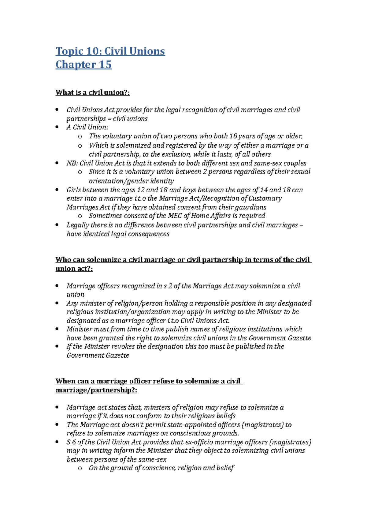 Family Law Topic 10: Understanding Civil Unions in Chapter 15 - Studocu