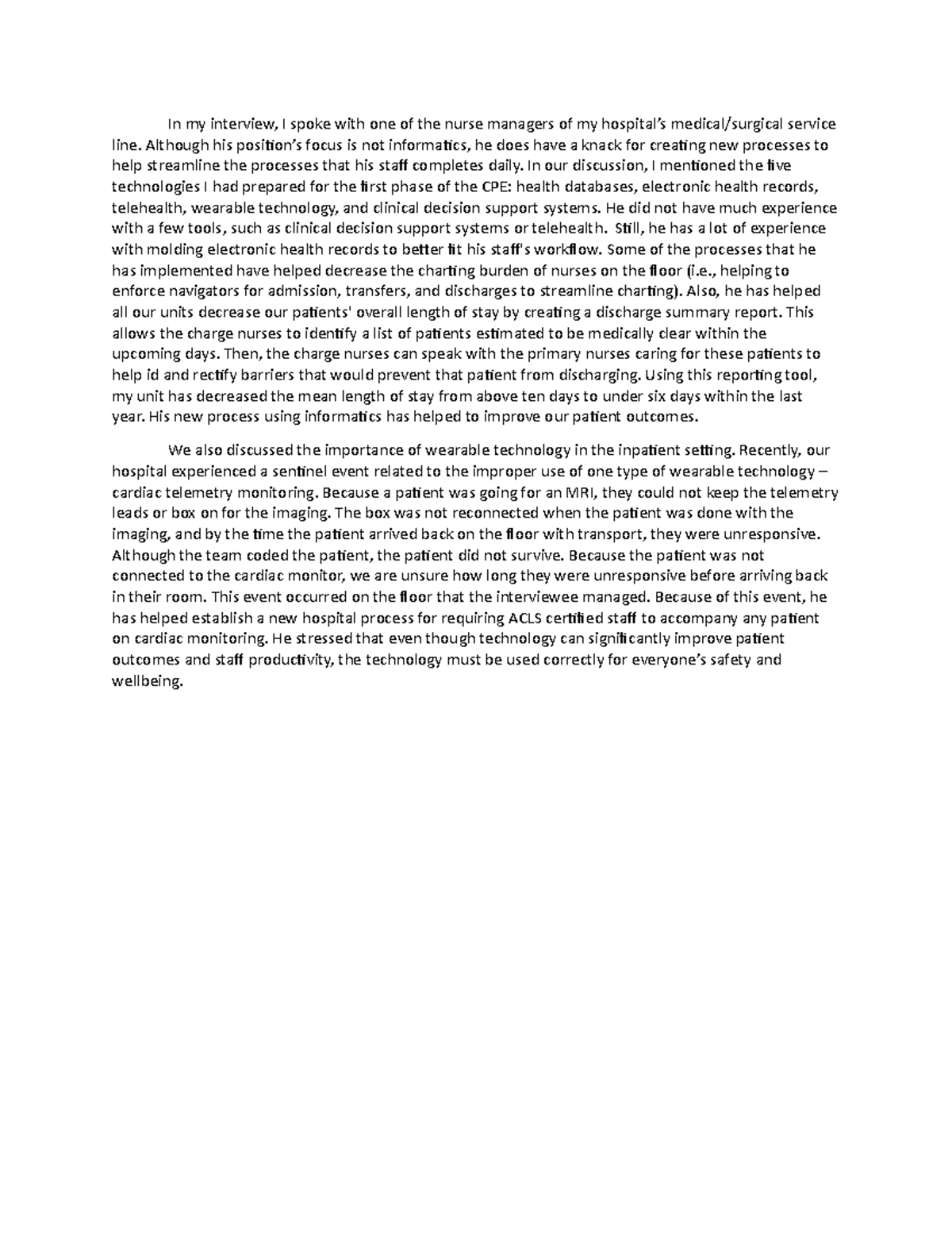 D029 Narrative Essay - CPE Phase 1 - In my interview, I spoke with one ...