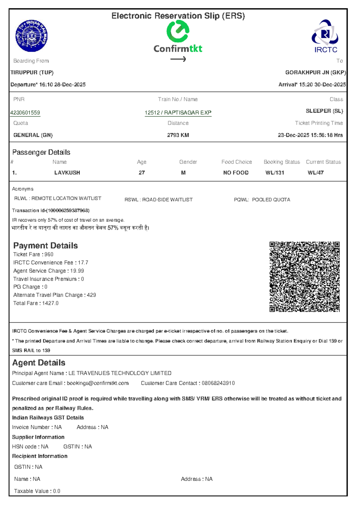 ERS Ticket Details: TUP to GKP on RAPTISAGAR EXP (12512) - Studocu