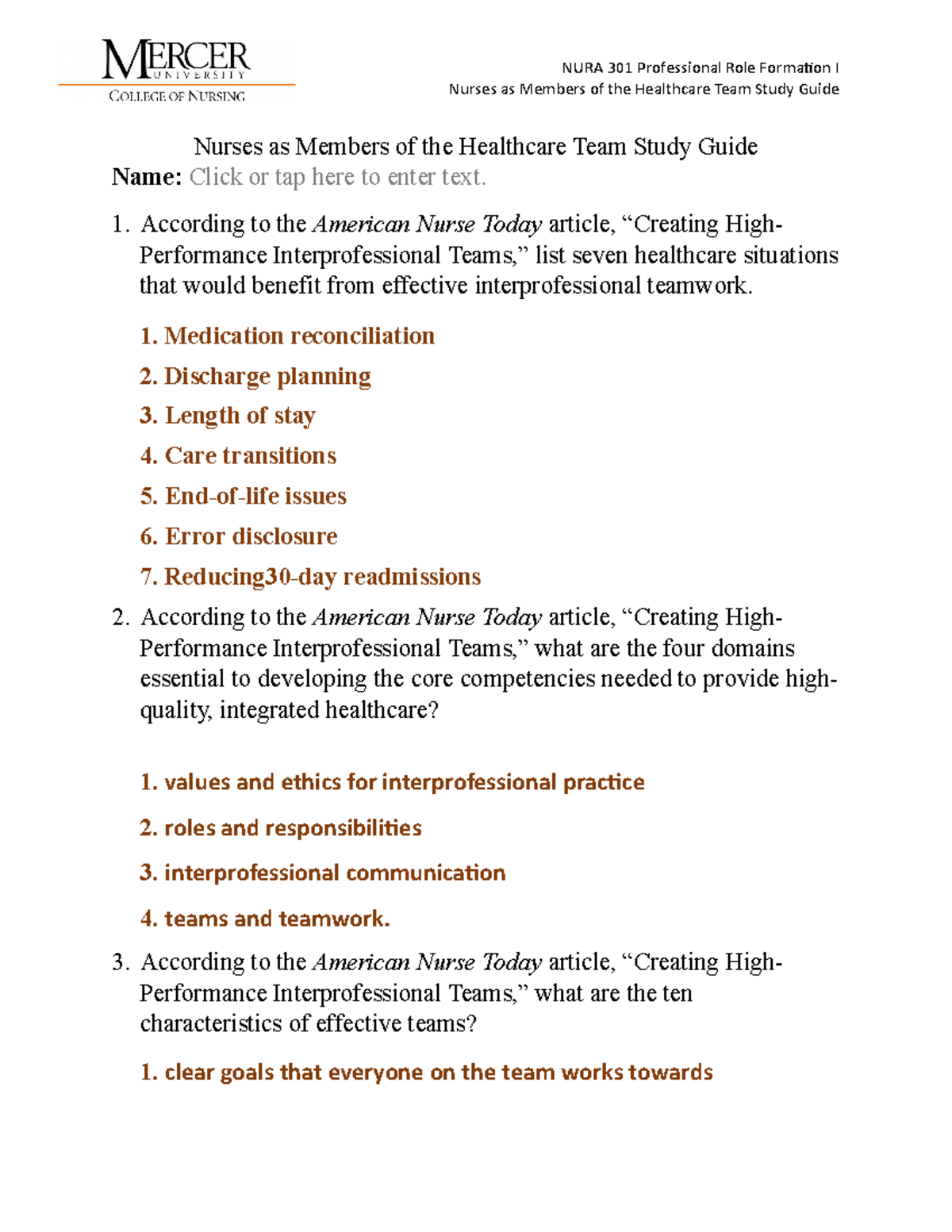 NURA 301 Module 6 Learning Guide: Teamwork in Healthcare FA22 - Studocu