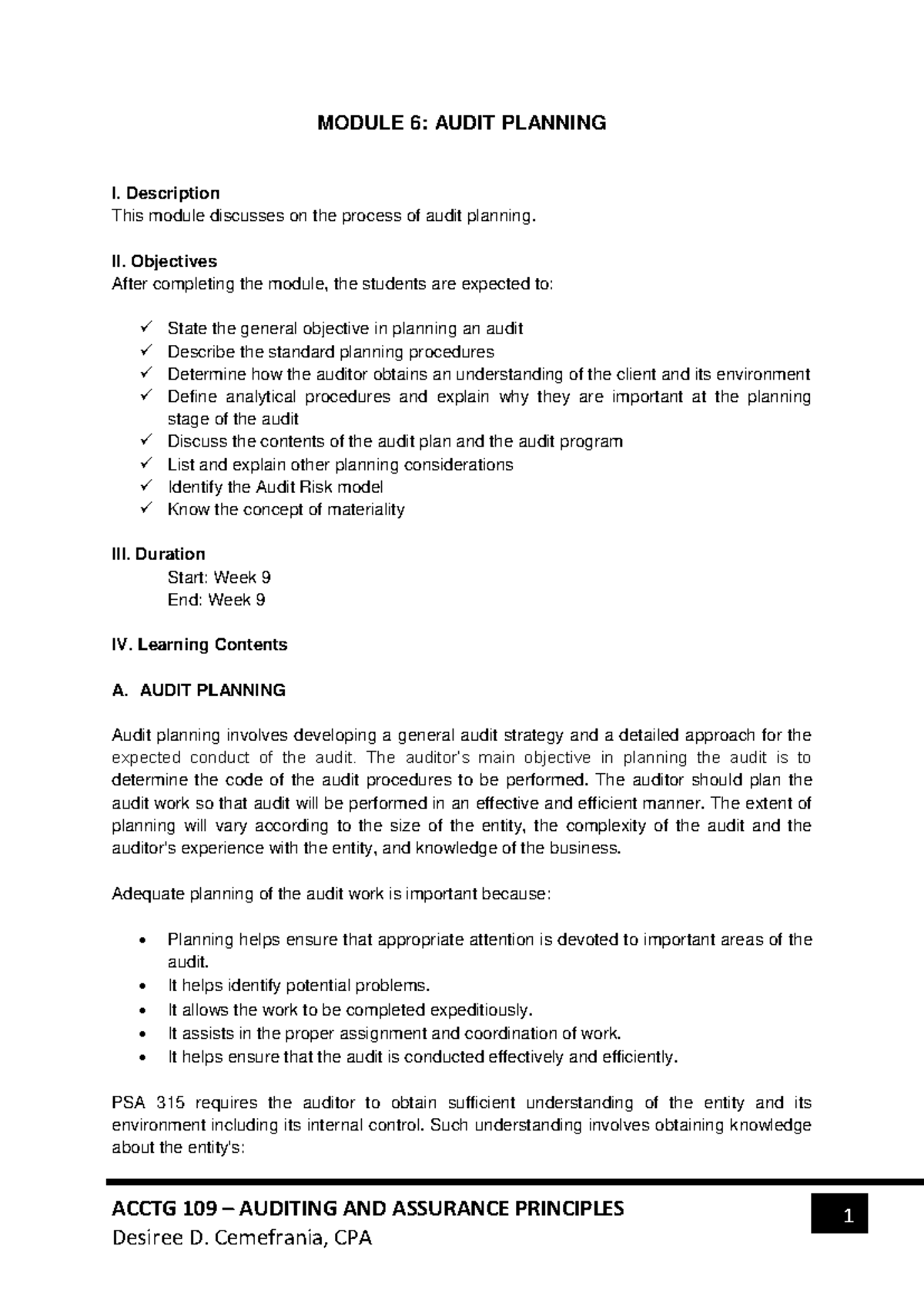 ACCTG 109 - Module 6: Effective Audit Planning Strategies & Risks - Studocu