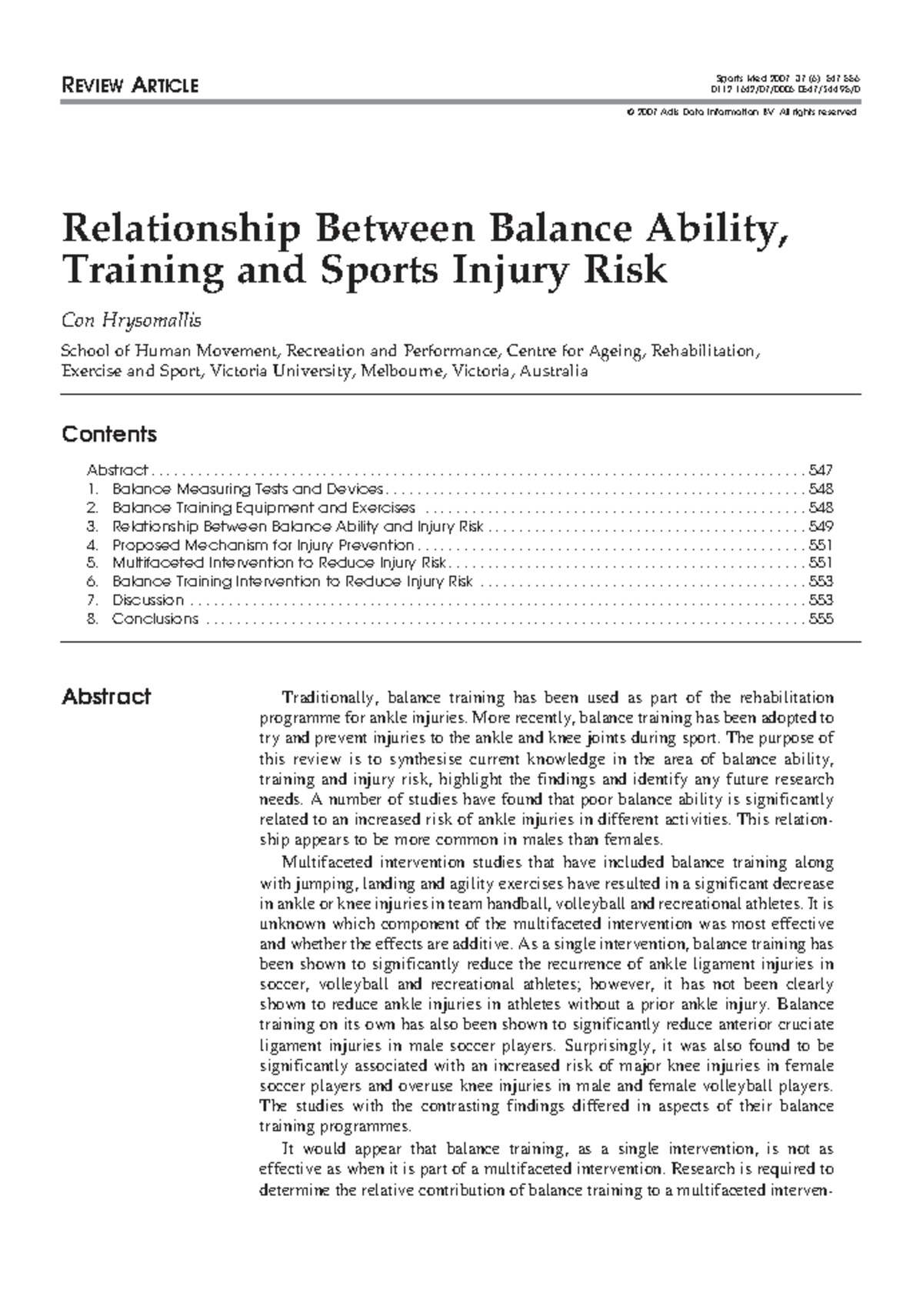Sports Med 37(6): 2007 - Balance Ability, Training & Injury Risk Review ...