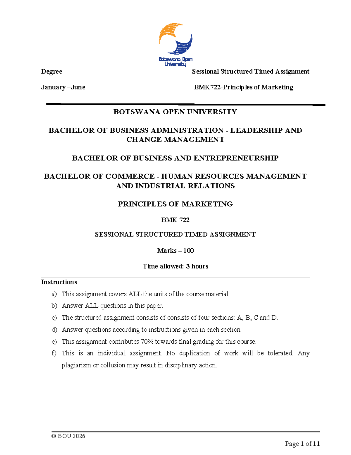 BMK722 Sessional Structured Timed Assignment - Marketing - Studocu