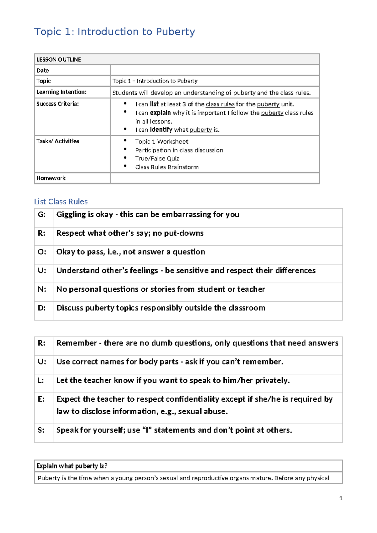 Topic 1: Introduction to Puberty - Lesson Outline & Activities - Studocu