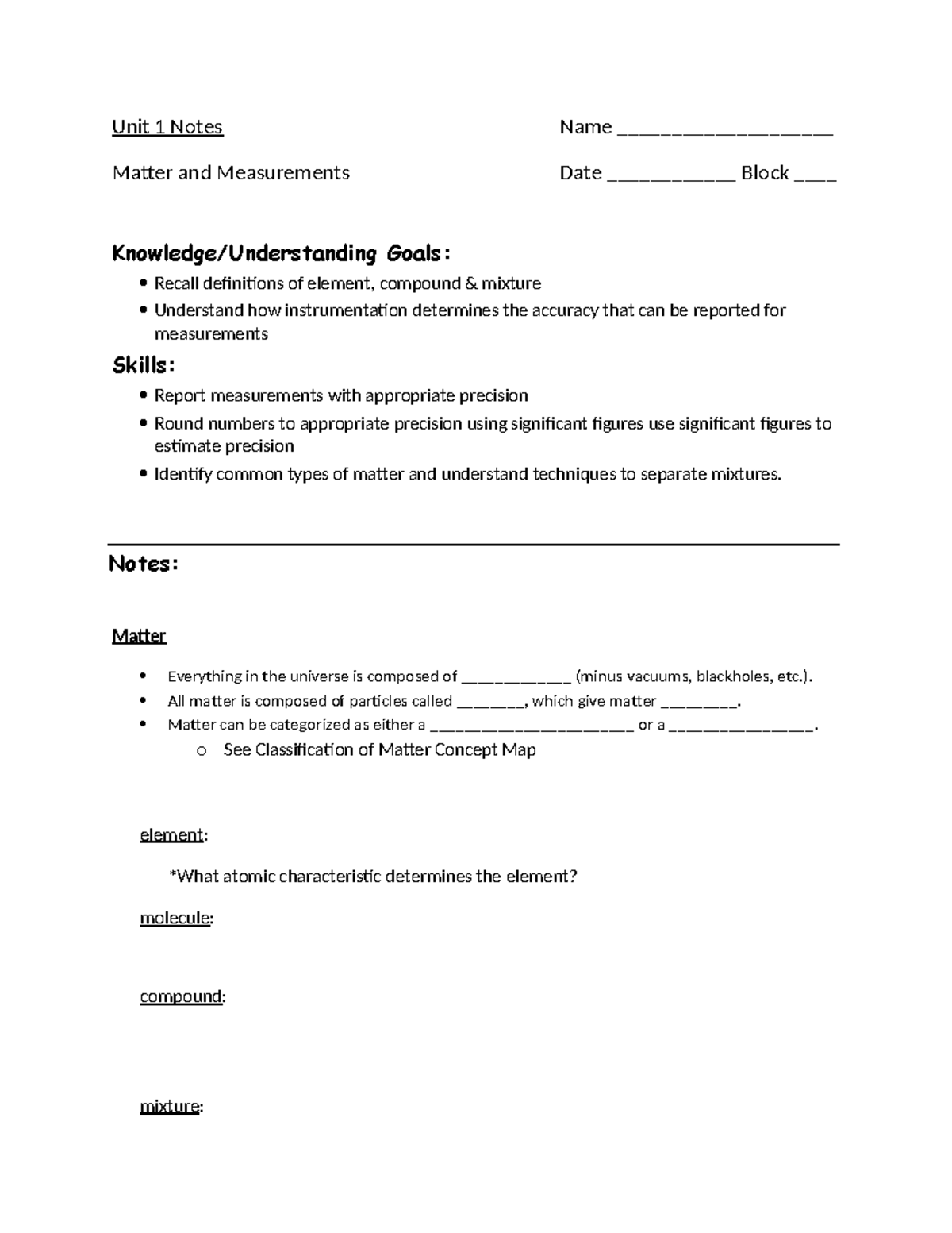 Unit 1 Notes: Matter and Measurements Overview for Chemistry 101 - Studocu