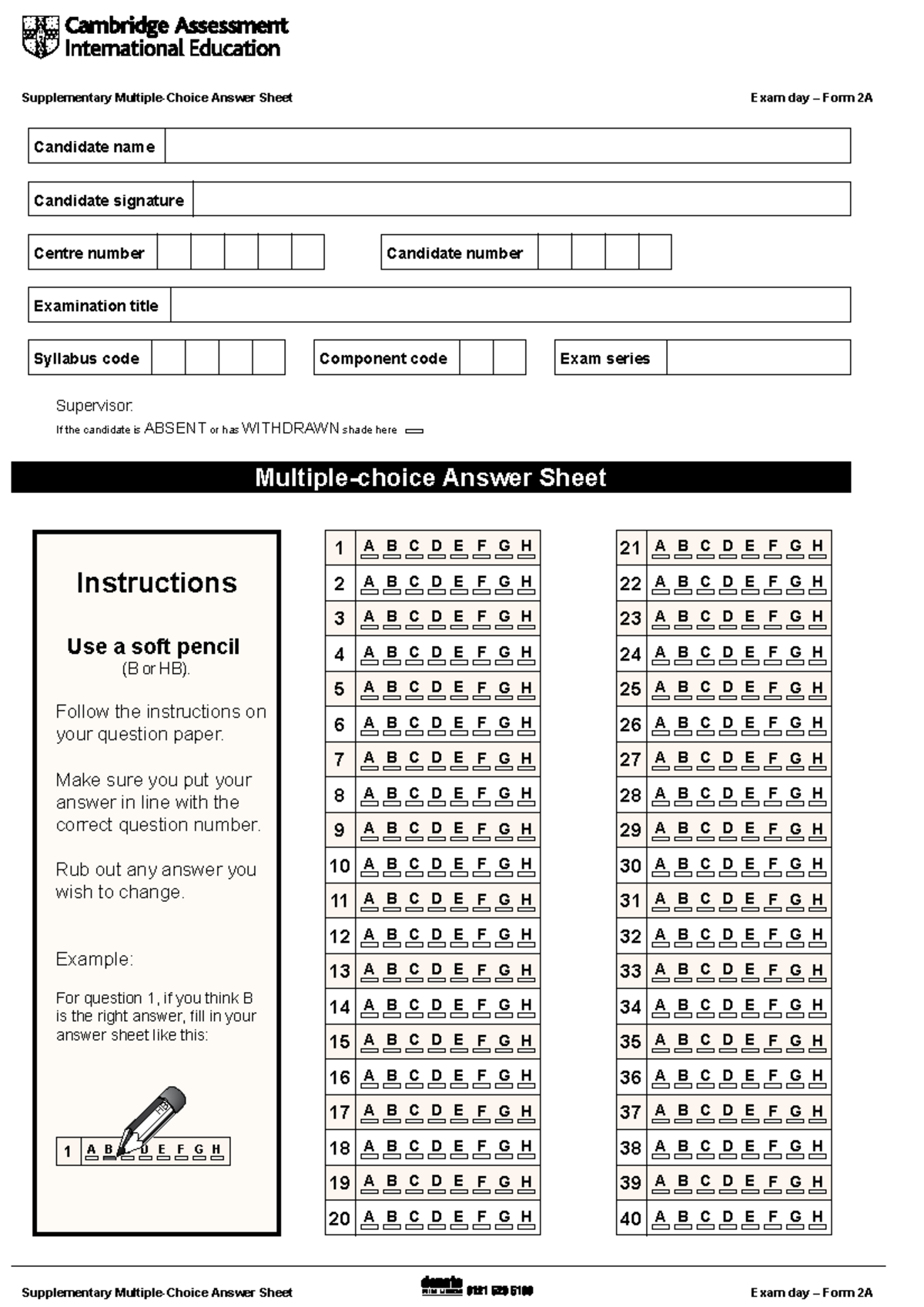 Supplementary Answer Sheet for Exam Day - Form 2A - Studocu