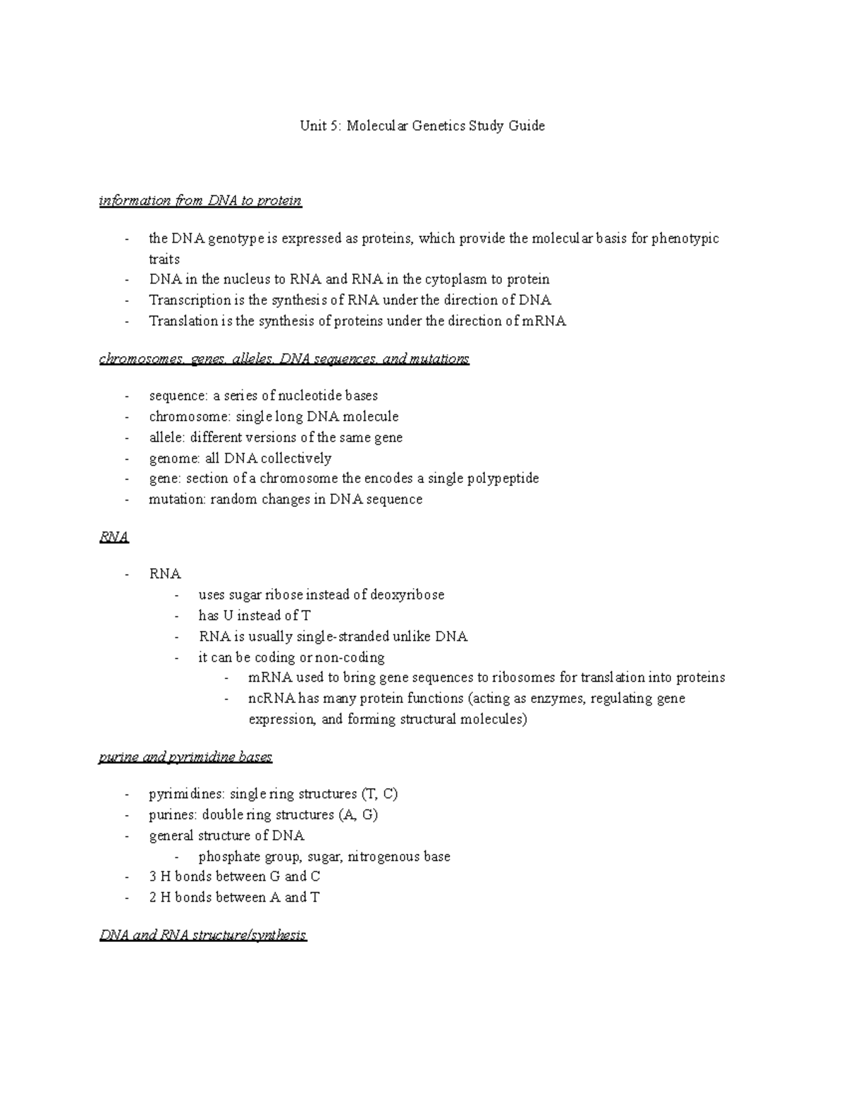 Unit 5 Molecular Genetics SG - Studocu