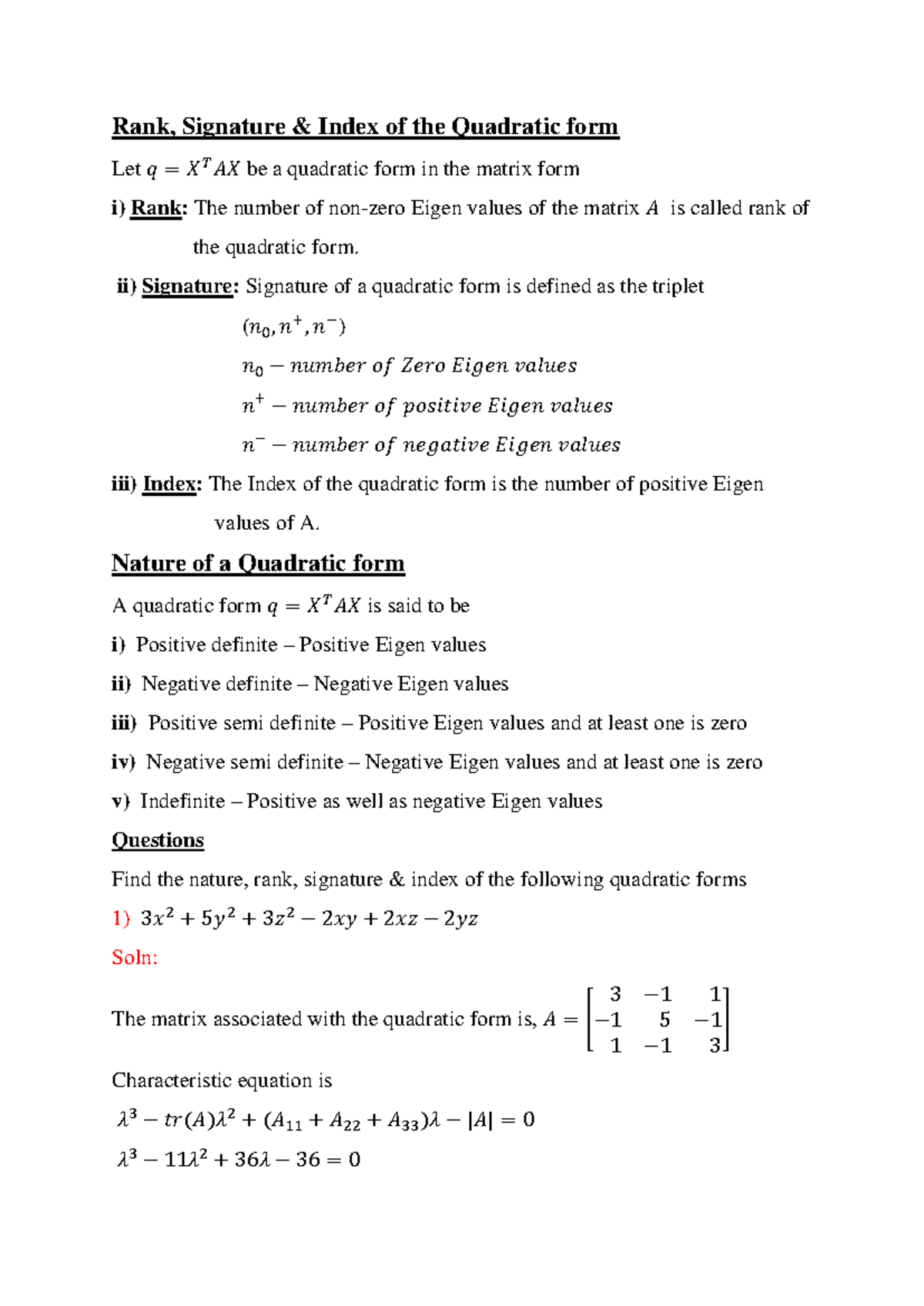 Lecture Notes on Quadratic Forms: Rank, Signature & Index - MATH101 ...