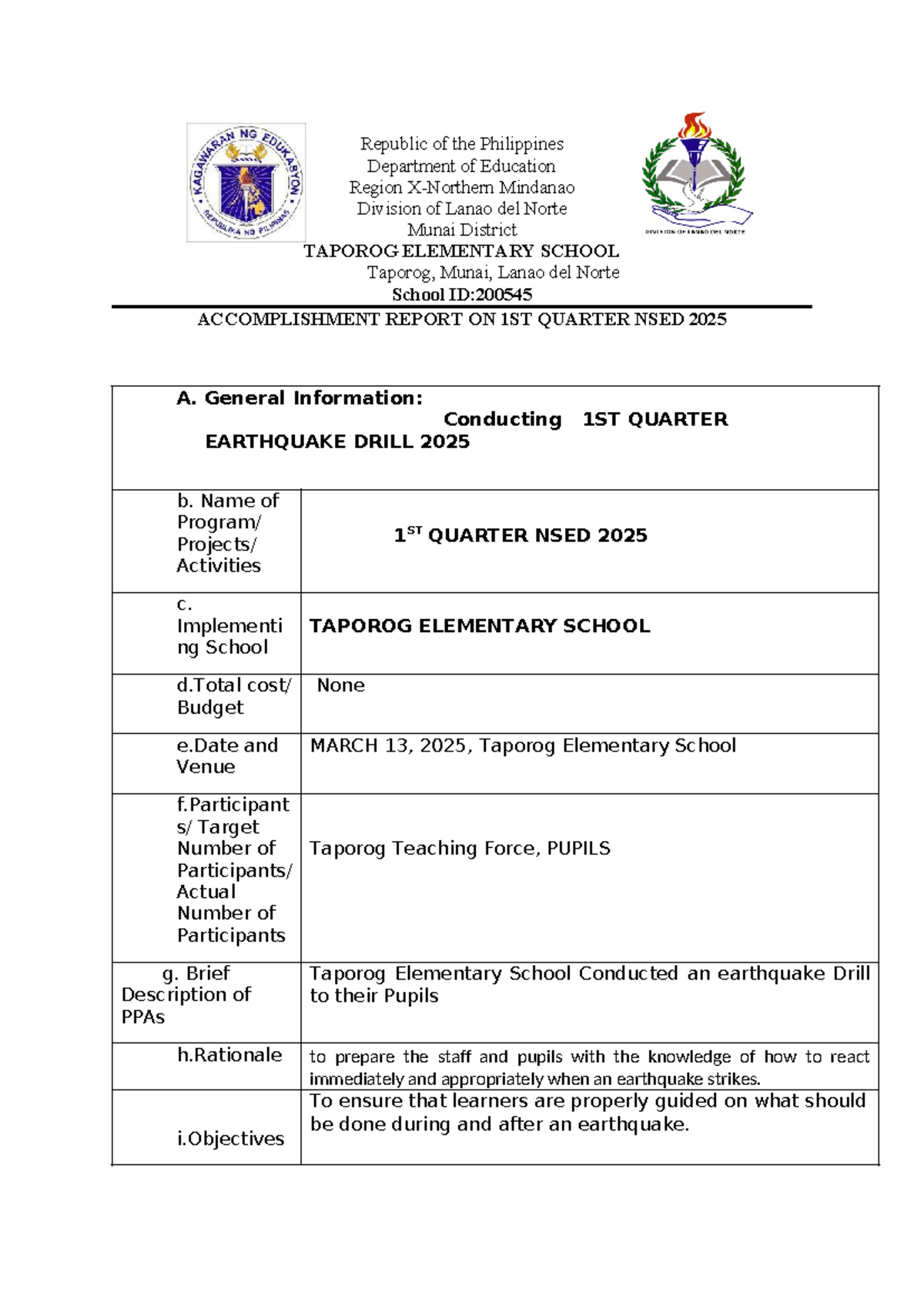 1ST QUARTER NSED 2025 Accomplishment Report - Taporog Elementary School ...