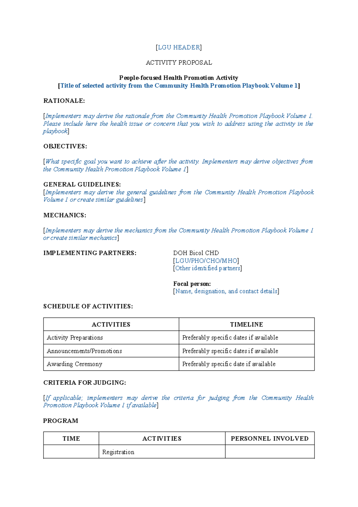 ACTIVITY PROPOSAL: Health Promotion Event from Community Playbook - Studocu